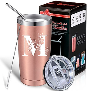 Thenshop Personalized Initial Mug Tumbler 20oz, Monogrammed Travel Mug with Gift Box for Wedding Birthday Graduation Party, Birthday Christmas Gifts for Women Mom Sisters Teacher Coworker (M)