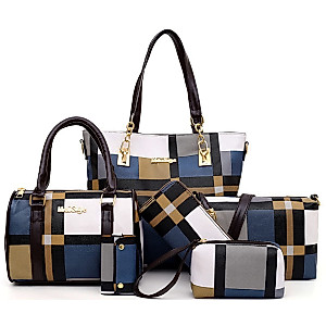 6-Pcs Handbags Set for Women Faux Leather Tote Bag Fashion Top-Handle Handbag Shoulder Bags Crossbody Totes Satchel Purses & Wristlet Wallet Purse Set-Blue