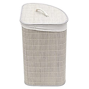 Home Basics Folding Corner Bamboo Hamper with Liner | Holds 2 Loads of Laundry | Top Handle | Removable, Washable Cotton Liner (Grey)