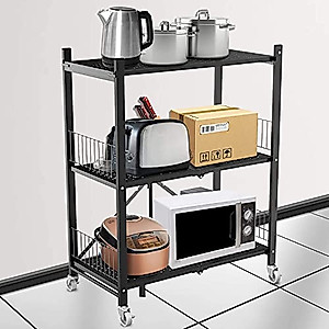 GUUVOR 3-Shelf Foldable Storage Shelves with Wheels,Kitchen Shelves Freestanding Foldable Metal Storage Shelf,No Assembly Storage Shelves,Heavy Duty Movable Shelving for Storeroom,Garage,Office