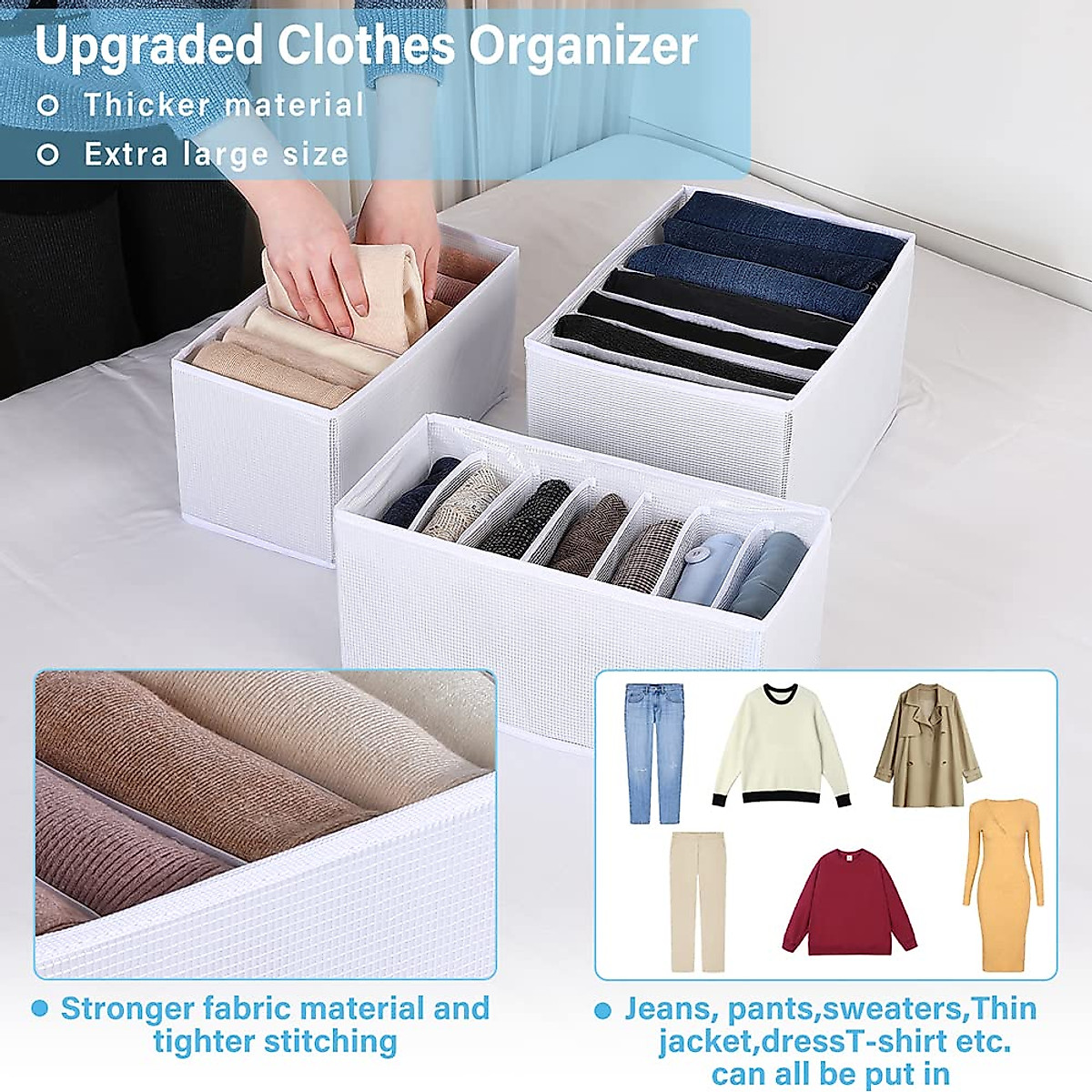 Grids Wardrobe Clothes Organizer Jeans Leggings Compartment Storage Box Closet Transparent Foldable Closet Drawer Organizer For Bedroom Set Of 2 (7 Jean gird, White)