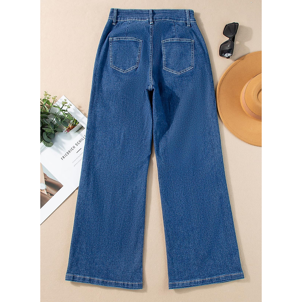 Sidefeel Womens Wide Leg Jeans Casual Baggy High Waisted Stretch Denim Pants Size 8 Blue