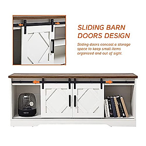WAMPAT Farmhouse Sliding Barn Door TV Stand for TVs Up to 65 inch, Modern Storage Entertainment Center, Wood Media Console Table Cabinet 3-Level Adjustable Shelf for Living Room, White/Oak