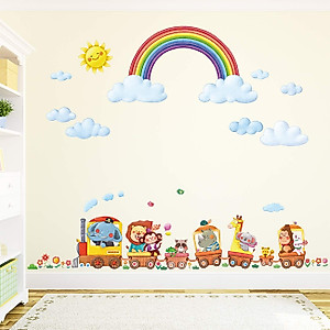 DECOWALL DA-1913P1406A Rainbow and Animal Train Kids Wall Stickers Wall Decals Peel and Stick Removable Wall Stickers for Kids Nursery Bedroom Living Room d?cor