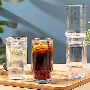 SUNNOW Vastto 11 Ounce Stackable Ribbed Glass Cup,Iced Tea Glasses for Water, Beverage,Juice, Wine,Beer and Cocktail,Set of 4