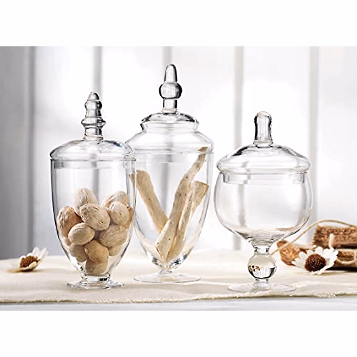 Glaver's Apothecary Jars With Lids, Set Of 3 Candy Jars, Countertop Canister, Glass Décor, Restroom Accessories, Buffet Décor, For all your Vanity Storage and much more