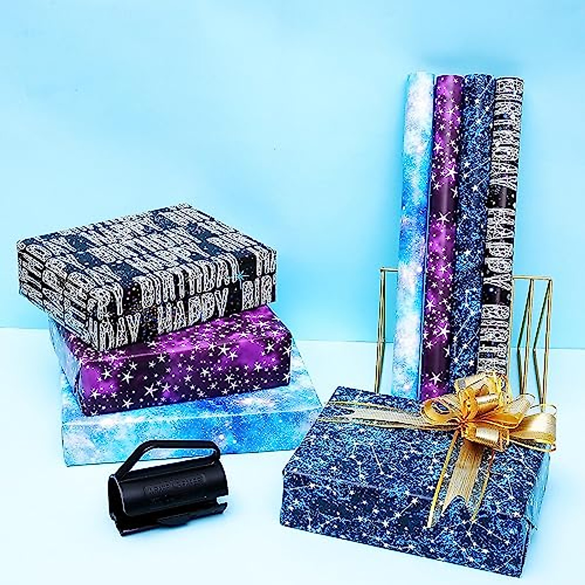 THMORT Galaxy Birthday Wrapping Paper Roll with a Cutter Kit for Boys&Girls,Adults,Kids.17 Inch X 120 Inch Gift Wrapping Paper Galaxy Happy Birthday lettering 4 Rolls.