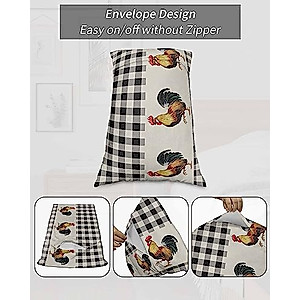 Edwiinsa Farm Rooster Pillow Covers Standard Size Set of 2 20x26 Bed Pillow, Farmhouse Animals Rustic Black White Plaid Plush Soft Comfort for Hair/Skin Cooling Pillowcases with Envelop Closure