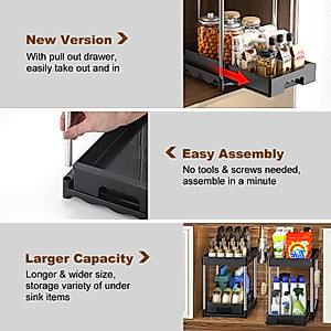 DUSASA Under Sink Organizer and Storage with Sliding Drawer, 2 Tier Black Plastic Cabinet Basket Organizer with Hooks, Under Cabinet Storage for Bathroom Kitchen