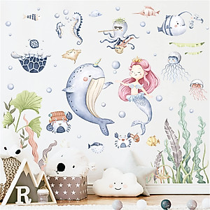 WAFT YEARN Vinyl Removable Lovely Mermaids Fish Underwater Ocean Animal Wall Decal Wall Sticker Decor for Nursery School Classroom Bedroom Bathroom Girls Room Playroom 29.1 in by 37 in