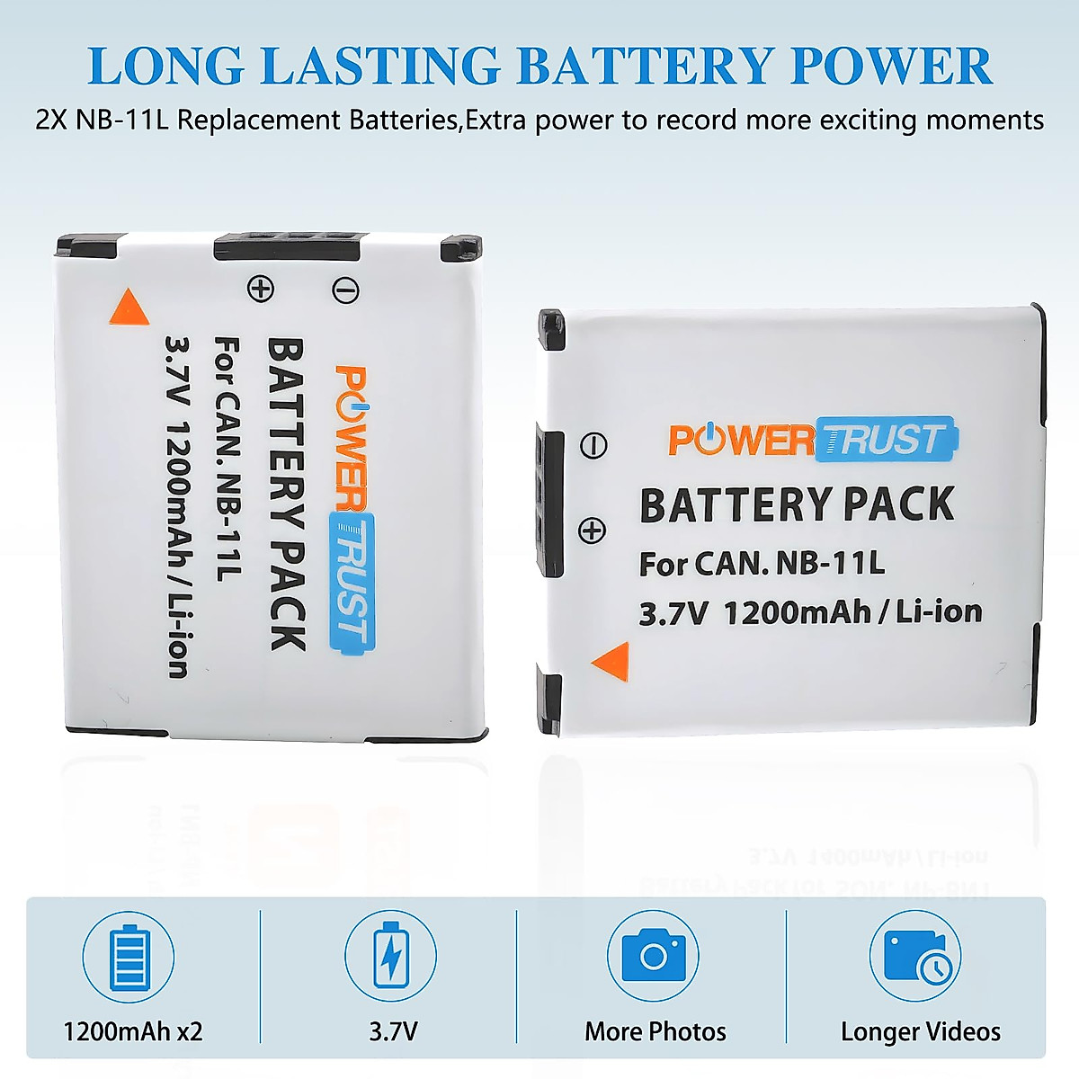PowerTrust 2 Pack 3.7v NB-11L Replacement Battery and NB-11LH LCD USB Charger for Canon PowerShot A2300 IS, A2400 IS, A2500, A2600, A3400 IS, A3500 IS, A4000 IS, ELPH 110 HS, ELPH 115 HS, ELPH 130 HS,