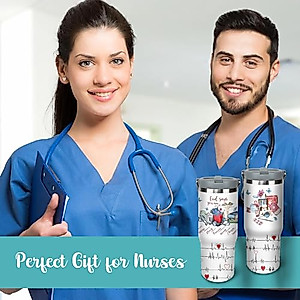 soeufnwhf 30oz Nurse Tumbler Cup with Handle Nurse Travel Coffee Mug, Nurse Nutrition Facts Tumbler, Best Nursing School Gifts, Nursing Graduation Gifts, RN Gifts for Nurses Appreciation Gifts, White