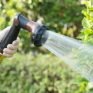 FANHAO Garden Hose Nozzle, 100% Heavy Duty Metal Water Hose Sprayer with 8 Spray Patterns, High Pressure Water Nozzle with Thumb Control, On Off Valve for Watering Plants, Washing Cars & Pets, Brown