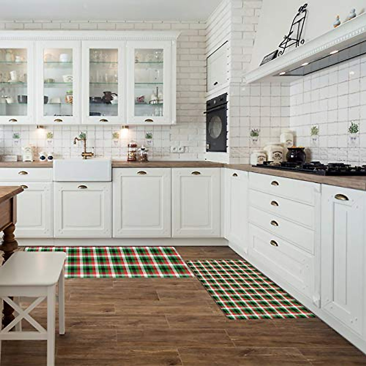 Merry Christmas 2 PCS Memory Foam Kitchen Mats, Water Absorbent Kitchen Rugs, Anti-Skid Kitchen Mat and Rug for Kitchen, Floor Home, Office, Laundry, Sink Red Green Plaid Geometric Tiled Texture