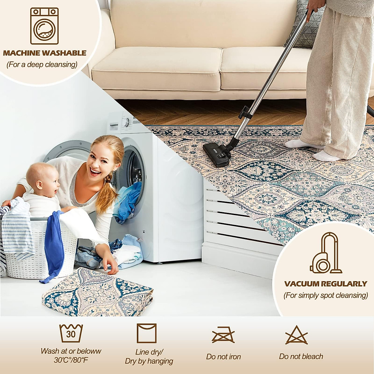 INGEROOM Area Rug 5x7 Machine Washable Area Rug Vintage Flodable Thin Large Area Rug with Non-Slip Backing for Living Room Bedroom, Bathroom, Kitchen 5x7 Area Rugs, Blue