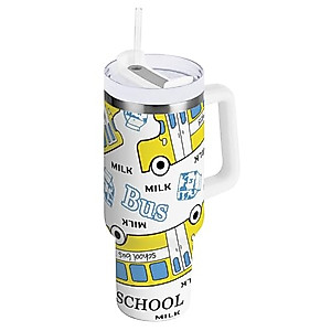 ARGTILDN 30 oz Tumbler School Bus Car Cartoon Insulated Travel Mug with Handle and Straw Lid Stainless Steel Vacuum Coffee Cup Tea Beverage Container Water Bottles for Car Sports office