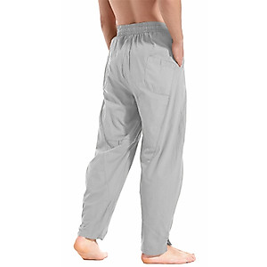 perdontoo Mens Linen Cotton Loose Fit Casual Lightweight Elastic Waist Summer Pants (Large, Grey)