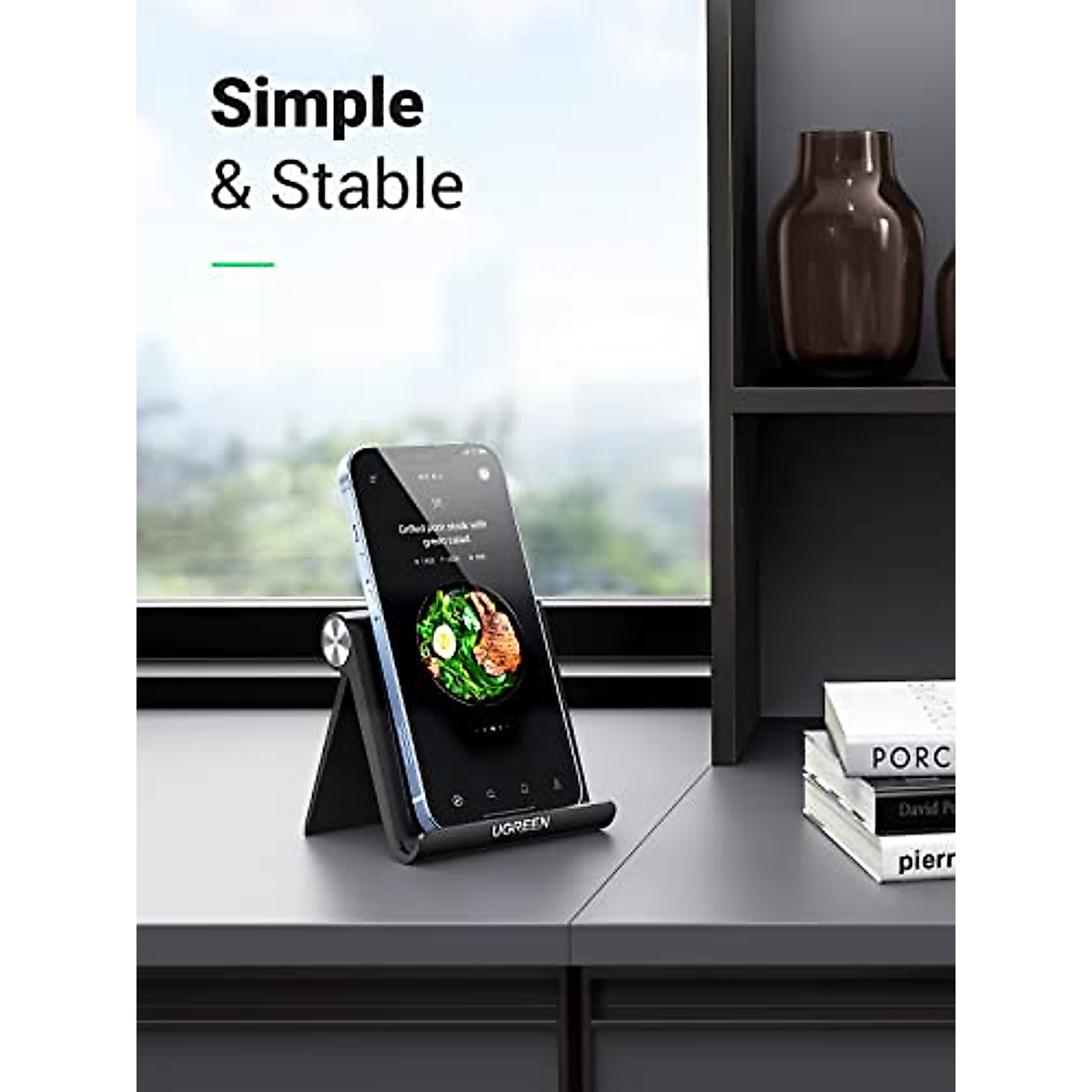 UGREEN Cell Phone Stand for Desk Phone Holder Foldable Portable Adjustable Compatible with iPhone 14 13 Pro Max, iPhone 12 11 Plus SE XS XR 8 7, Office Desk Travel Accessories, Black