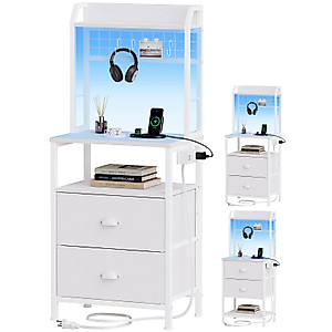 Furologee Tall Nightstand with Charging Station & LED Lights, 41'' Bedside Table with 2 Drawers & Pegboard, White Night Stand with Hooks & Folders, End Table with Shelves for Bedroom/Living Room