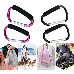 Magnoloran 4 Pack Grocery Bag Shopping Bag Holder Handle Carrier Tool Baby Stroller Hook Stroller Organizer Hook Clips Multi Purpose Snap Hook Carabiner Clip with Cushion Grip, Black & Purple