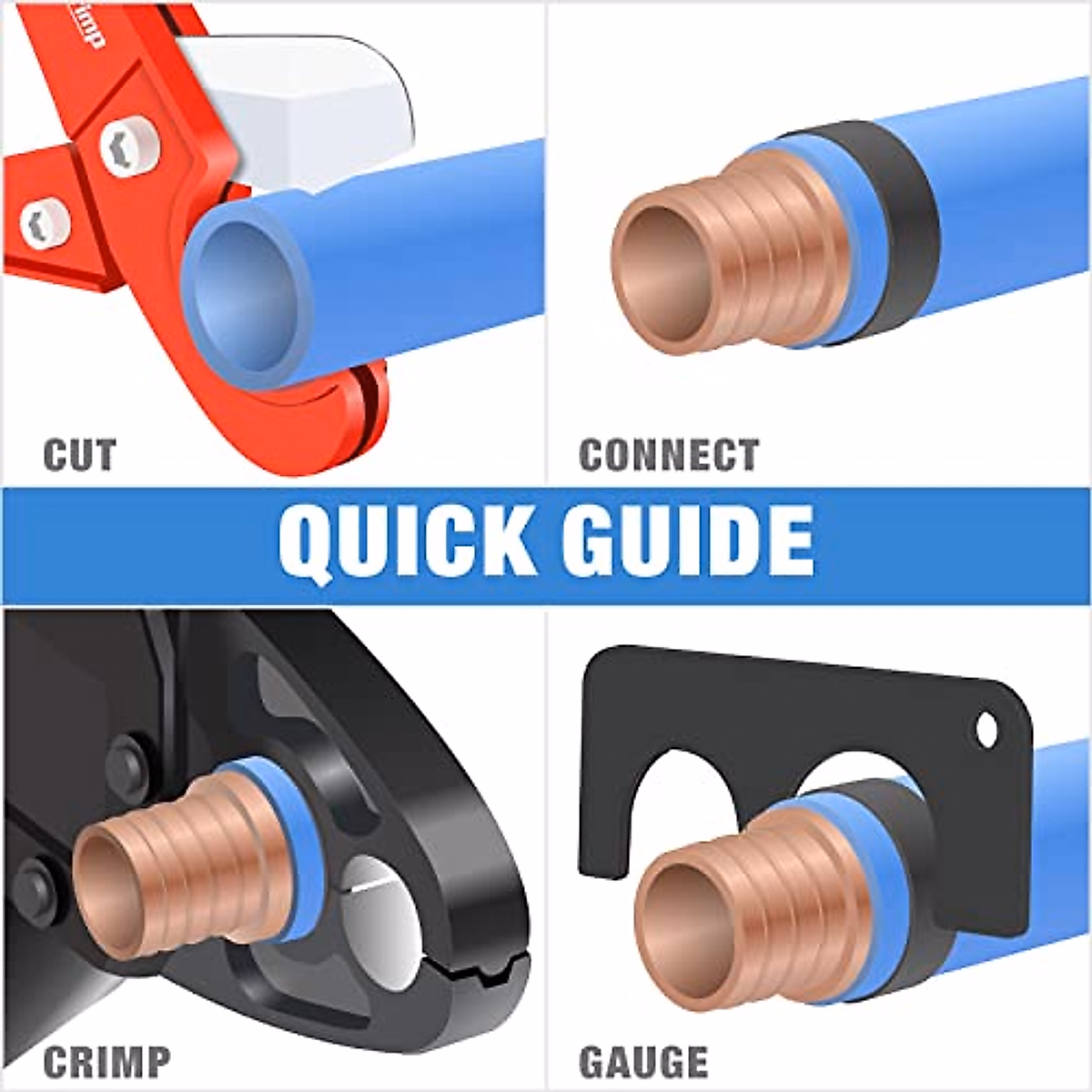 iCrimp Angle PEX Crimping Tools Combo Kits for 1/2" & 3/4" Pex Crimp Rings with Go/No-Go Gauge with PEX Pipe Cutter Suits for All US F1807 Standards Copper Rings