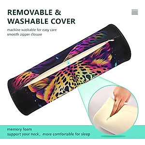 xigua Colourful Leopard Neck Roll Pillow for Neck Relief with Removable Washable Cover - Memory Foam Round Cylinder Bolster, Ergonomically Designed for Head, Neck, Back, and Legs