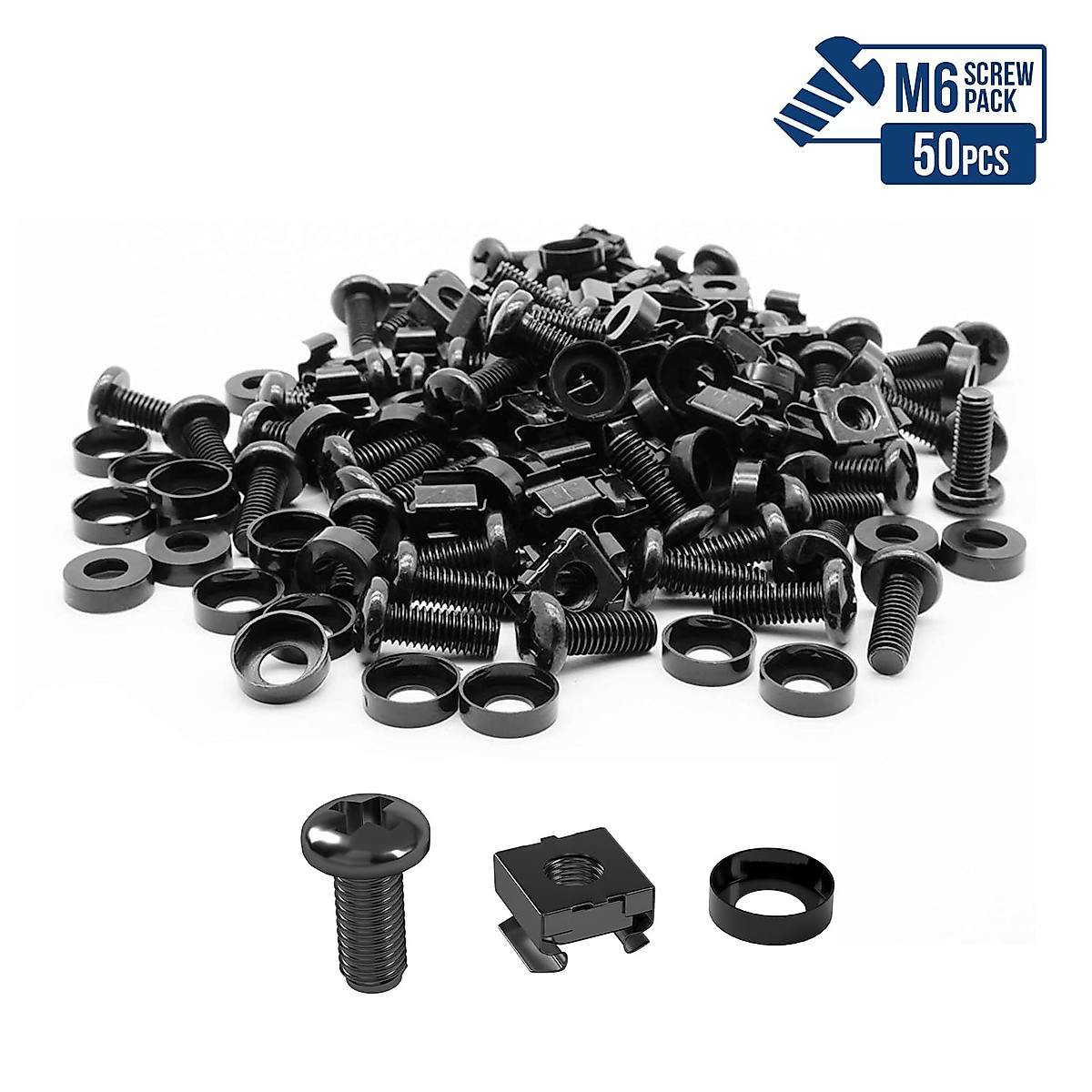 50 Pack of Black M6 Cage Nuts & Screws for Rack Mount Equipment Server 19" and 10" Cabinet, Patch Panel, Server Shelves Fixing & Installation Screws & Cage Nuts Wall Mount Server Network Enclosure