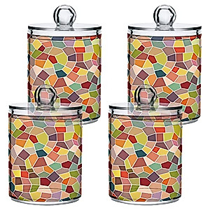 Kigai Colorful Geometry Qtip Holder - 14OZ Clear Plastic Apothecary Jars Bathroom Canister Dispenser Organizer Vanity Storage Jar with Lid for Cotton Ball, Cotton Swab, Floss (4PACK)
