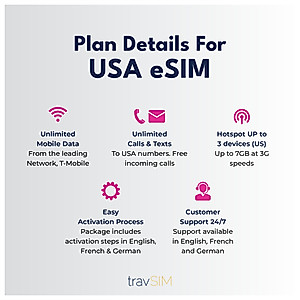 travSIM eSIM USA | T-Mobile Network | Unlimited Data, Calls & Texts in The USA | e SIM Card USA Works on eSIM Compatible iOS & Android Devices | eSIM Card USA 30 Days