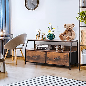 SILKYDRY Dresser TV Stand, Entertainment Center Media Console Table with 2 Folding Fabric Drawers & 2 Open Shelves for TV up to 43’’, Storage Drawer TV Unit for Bedroom, Living Room (Rustic Brown)