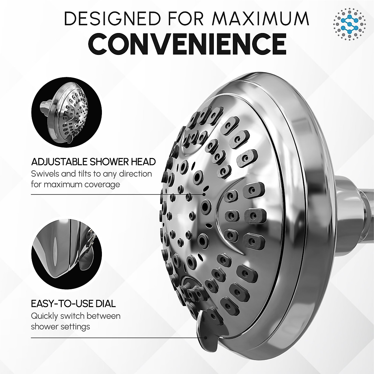 ShowerMaxx Luxury Spa Series Shower Head, 6 Spray Setting, 4.5 Inch Adjustable High Pressure Shower Head Fixture for Hard Water, 360-Degree Tilt Massage Shower System - Polished Chrome Shower Head