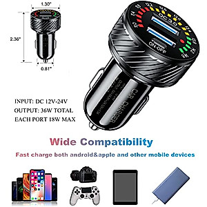 Car Charger, BRCOVAN Dual QC3.0 Port USB Car Charger Adapter, 36W 3A Fast Charge Car Phone Charger with Colorful Voltmeter & ON/Off Switch