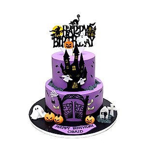 Halloween Cake Topper Glitter Halloween Birthday Cake Toppers Decorations for Boys Girls Spooky Cat Witch Ghost Castle Pumpkin Halloween Happy Birthday Party Decoration Supplies