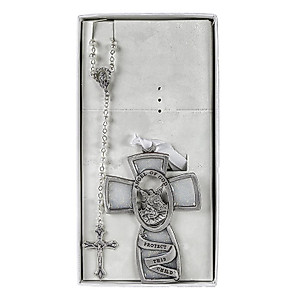 WHITE GUARDIAN ANGEL CRIB MEDAL & ROSARY SET BABY INFANT GIRLS BOYS CHILDRENS CHRISTENING BAPTISM