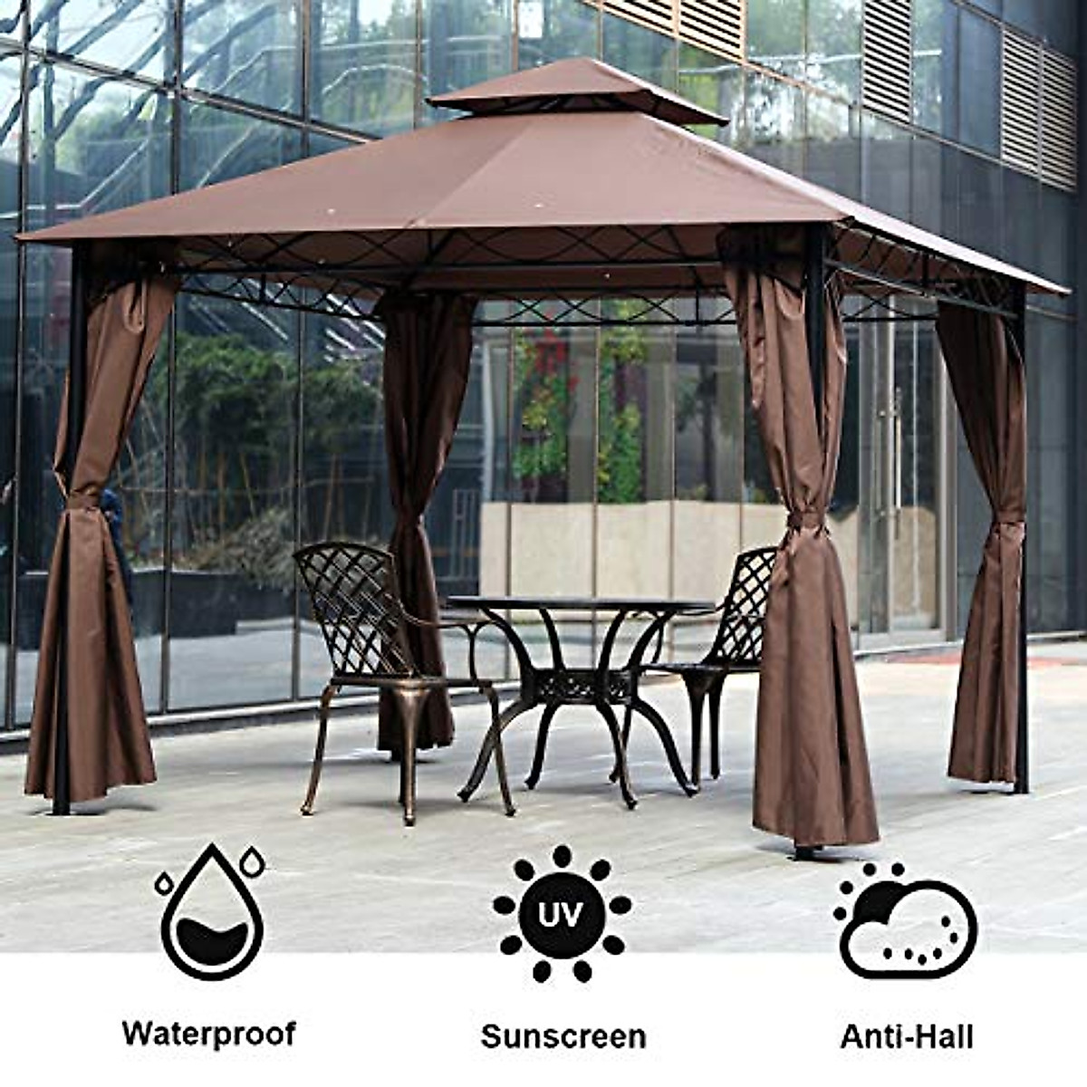 10' X 10' Gazebo Canopy Tent Outdoor Gazebo for Patios with Sidewall and Fabric,Large Party Tent,Metal Frame Water Resistant Wedding Tent,UV Block Sun Shade for Garden Backyard Lawns Deck,Brown