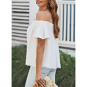 Dokotoo Women's Sexy Off The Shoulder Tops Summer Fashion 2024 Solid Cotton Flowy Crop Tops Shirred Neck Ruffle Sleeve Blouses for Work Out XX-Large White