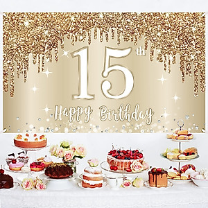 Happy 15th Birthday Banner Backdrop Decorations for Girls, Gold White Sweet 15 Birthday Sign Party Supplies, Fifteen Year Old Birthday Photo Booth Background Poster Decor(72.8 x 43.3 Inch)