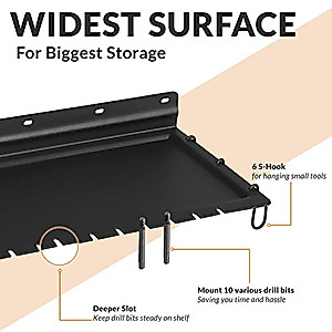 P-Aladin Power Tool Organizer, Drill Holder with 6 Hooks, Charging Station with Bit Storage Rack Shelf Wall Mount, Holds 4 Drills, Batteries, Tools for Garage, Home, Workshop, Shed