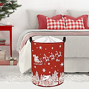 Clastyle 45L Red Snow House Laundry Basket Santa Claus Laundry Hamper Christmas Ornament Storage Basket with Drawstring Reindeer Snowflake Nursery Hamper for Gifts, 14.2x17.7 in