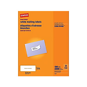 Staples White Inkjet/Laser Address Labels, 1" X 2-5/8", 3,000/Box