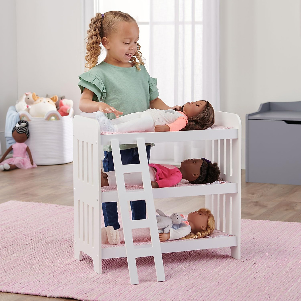 Badger Basket Triple Doll Bunk Bed with Ladder and Bedding for 20-Inch Dolls – Pink Gingham Design with Personalization Kit