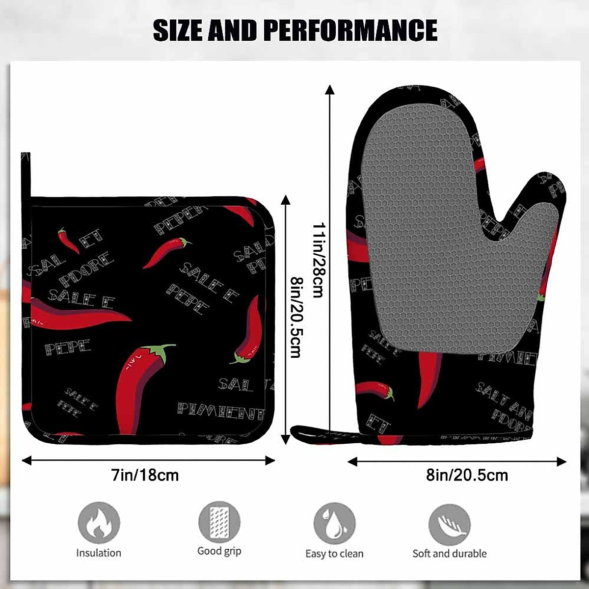 Mxocom Spicy Red Chili Peppers Heat-Resistant Oven Mitts and Pot Holder Hottest Bird's Eye Chili Black Background Kitchen Non-Slip Cooking Microwave Gloves for Cooking Baking Grilling