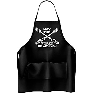 APRON DADDY Funny Apron, May The Forks Be With You - Novelty Funny Cooking Apron for Movie Fans - Extra Large 1 Size Fits All - Poly/Cotton Apron with 2 Pockets - Star Gift for Cook, Husband,