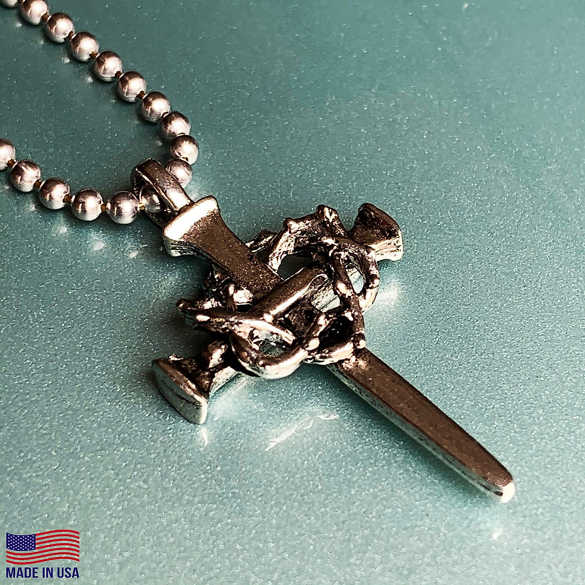 FORGIVEN JEWELRY Nail Cross Crown of Thorns Necklace on Ball Chain
