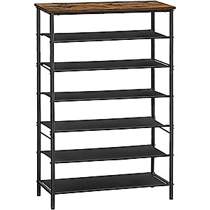 TUTOTAK Shoe Rack 7 Tier, Narrow Shoe Organizer for Closet Entryway, with 6 Fabric Shelves and Top for Bags, Shoe Shelf, Steel Frame, Industrial, Rustic Brown and Black SR01BB023