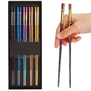 TIICOO Metal Chopsticks Reusable 18/8 Stainless Steel Chopsticks Laser Engraved Premium Titanium Multicolor Chop Sticks Dishwasher Safe Lightweight Japanese Style 5 Pairs Chopsticks Gift Set(Style 2)