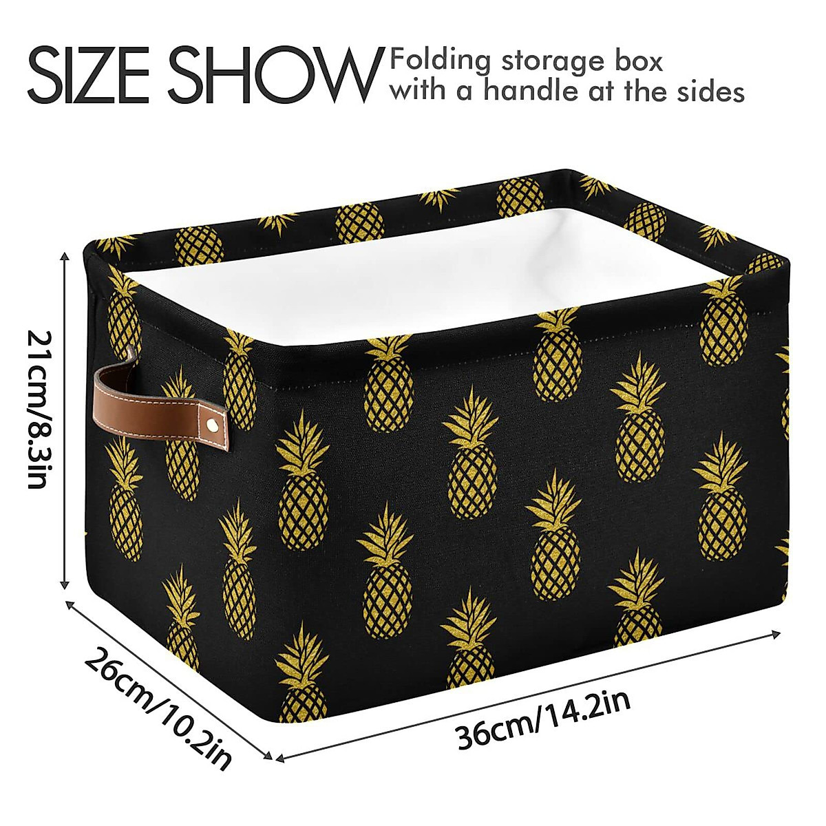 ALAZA Gold Pineapple on Black Large Storage Baskets with Handles Foldable Decorative 2 Pack Storage Bins Boxes for Organizing Living Room Shelves Office Closet Clothes