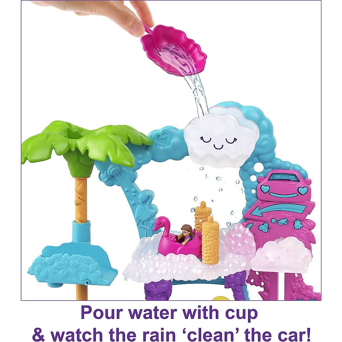 Polly Pocket Playset, Pollyville Flamingo Fun Car Wash with 2 Micro Dolls, Toy Car, Water Play & Color-Change Accessories