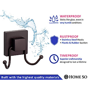 HOME SO Suction Cup Hooks for Shower, Bathroom, Kitchen, Glass Door, Mirror, Tile – Loofah, Towel, Bath Robe Removable Hook Holder – Prisma Collection, Stainless Steel Bronze (2-Pack)…