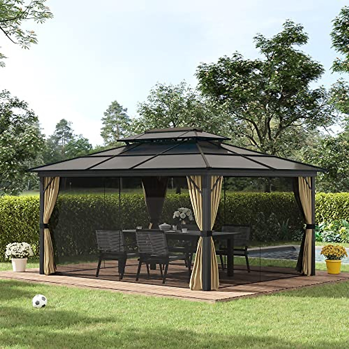 Outsunny 11' x 15' Hardtop Gazebo Canopy with Polycarbonate Roof, Aluminum Frame, Permanent Pavilion Outdoor Gazebo with Netting, for Patio, Garden, Backyard, Deck, Lawn, Beige
